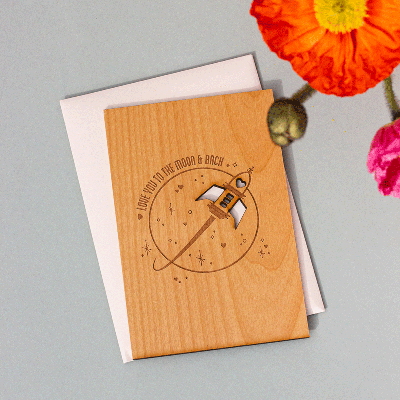 Moon & Back Wood Card | Personalized Love Cards | Hereafter