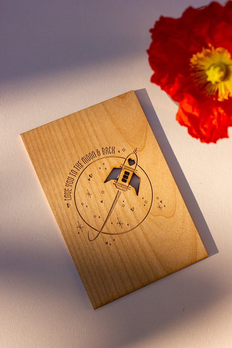 Moon & Back Wood Card | Personalized Love Cards | Hereafter